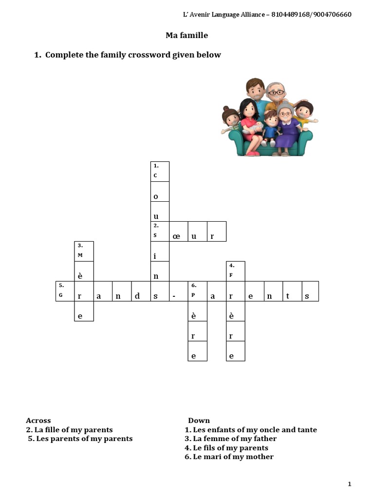 Ma Famille 1. Complete The Family Crossword Given Below: o U Œ U R I È ...
