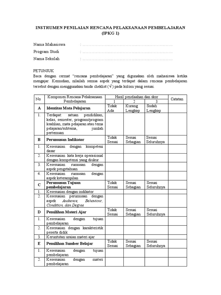 Intrument Penilaian IPKG 1 Dan IPKG 2 | PDF