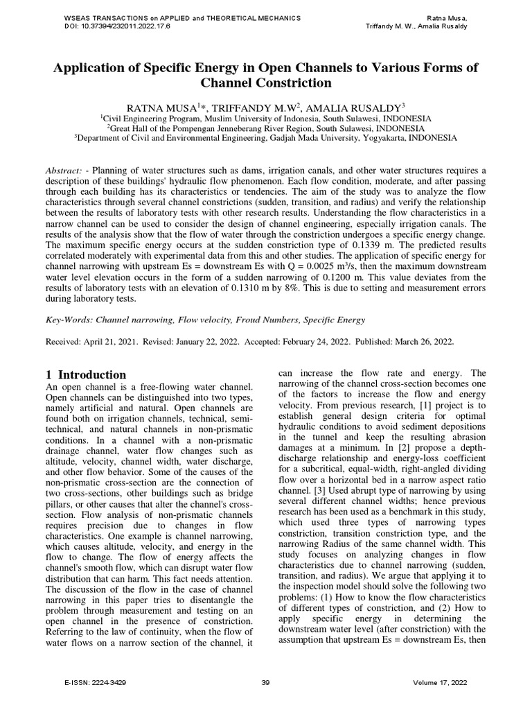 Application of Specific Energy in Open Channel WRT Channel Constriction ...