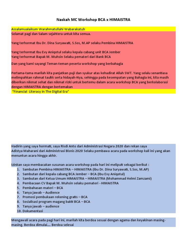 Naskah MC Workshop BCA X HIMAISTRA | PDF