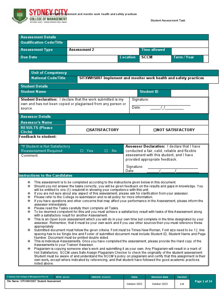 SITXWHS007 Student Assessment Task 2 | PDF | Occupational Safety And ...