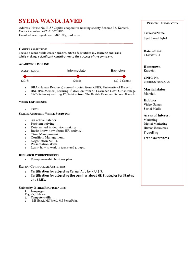 Resume Syeda Wania | Download Free PDF | Cognition | Cognitive Science