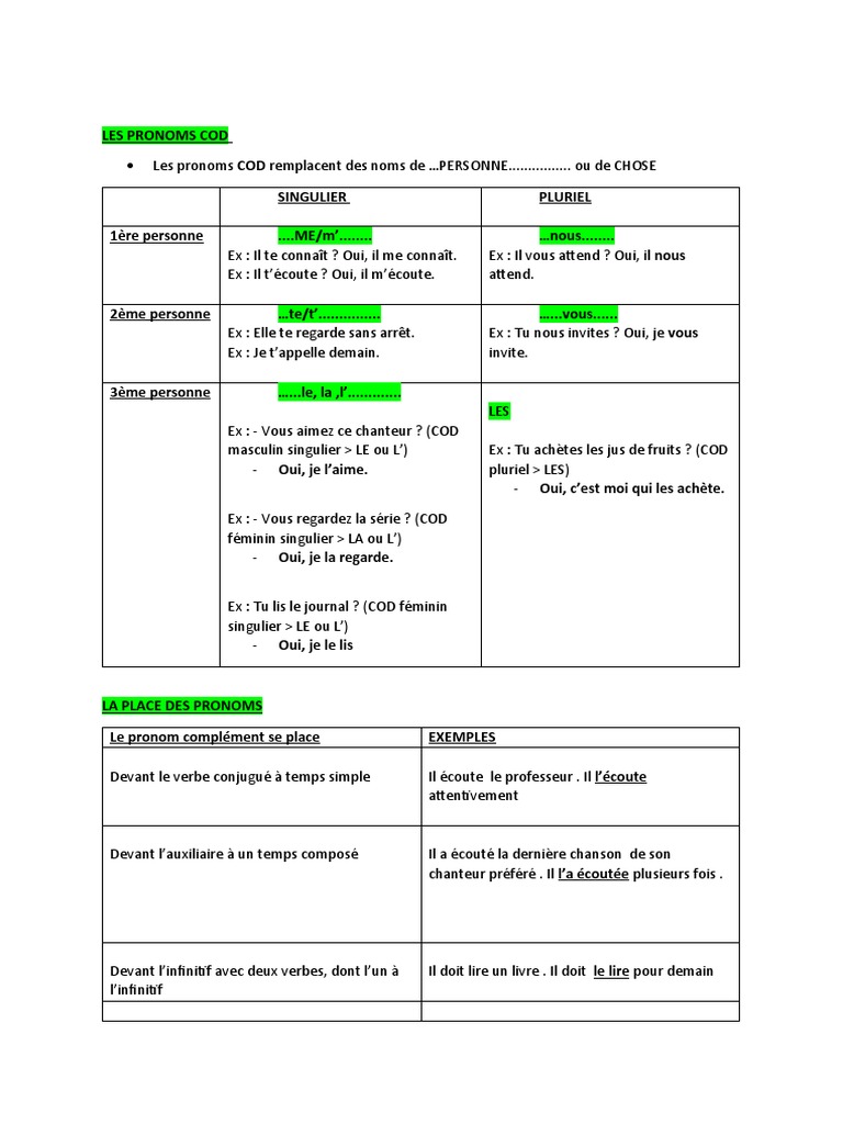 Les pronoms COD en grammaire française | PDF | Verbe | Nombre grammatical