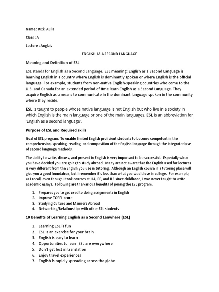 RIZKI AULIA - English As A Second Language | PDF