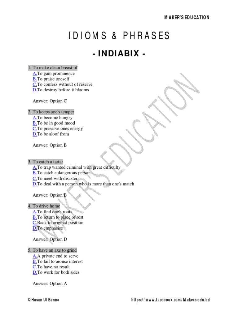 Idioms Phrases From Indiabix | PDF | Career & Growth | Self-Improvement