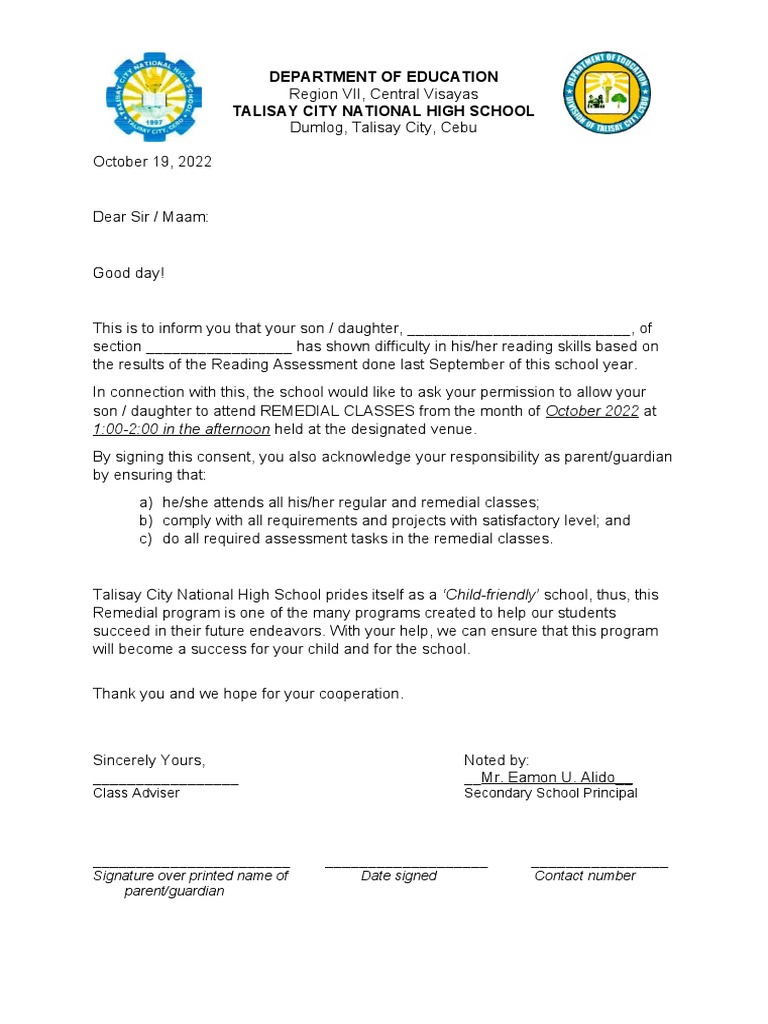 Consent Form Remedial Classes | PDF