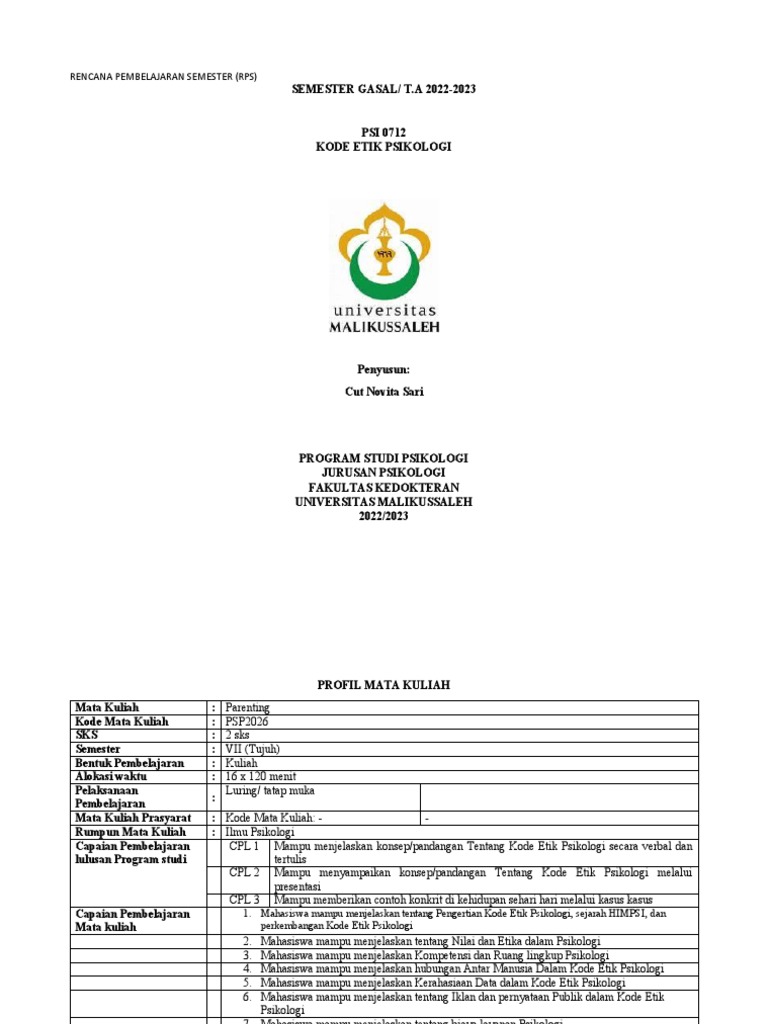 RPS MK Kode Etik Psikologi Gasal 2022-2023. | PDF