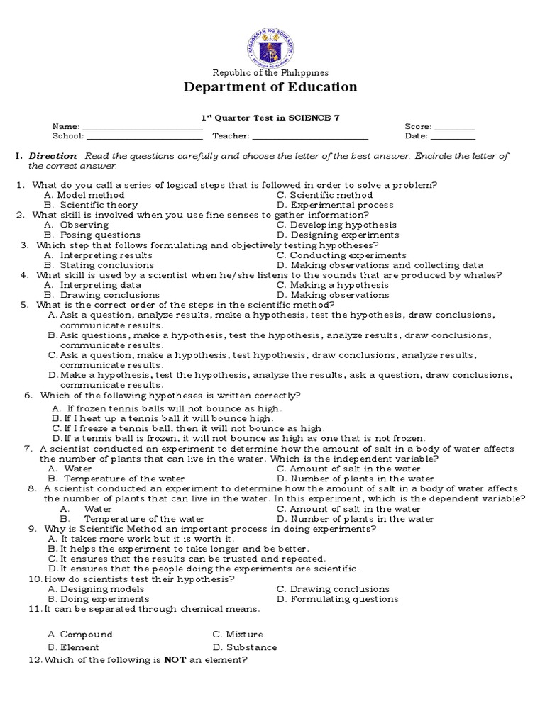 Science 7 1st Quarter Test Questions | PDF