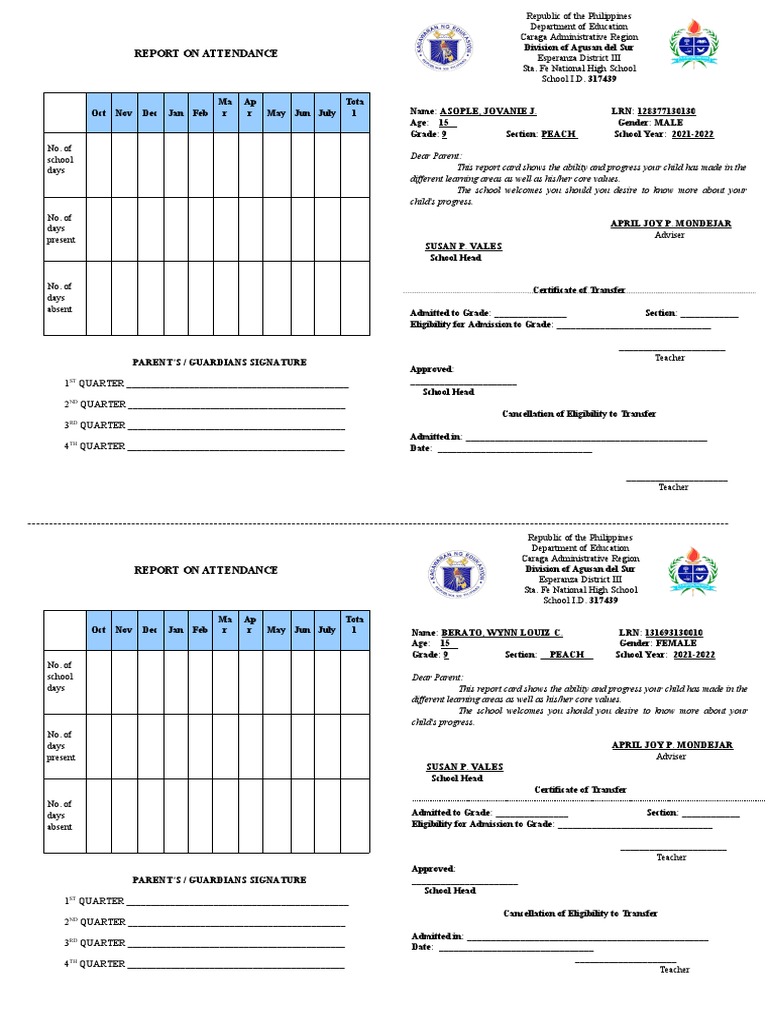 JHS Card Format Template | PDF | Human Development | Childhood