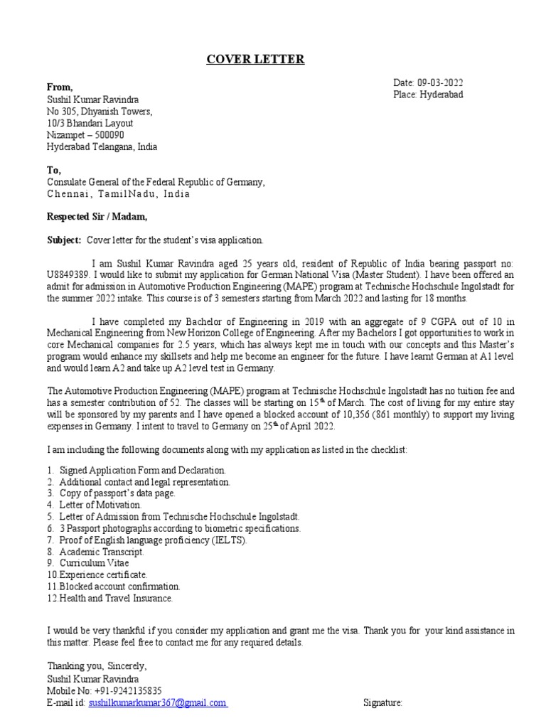 Cove Letter - Sample Copy 1 | PDF | Cost Of Living | Travel Visa