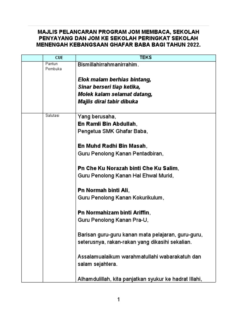 Pengacara Majlis Program Jom Membaca Sekolah Penyayang | PDF