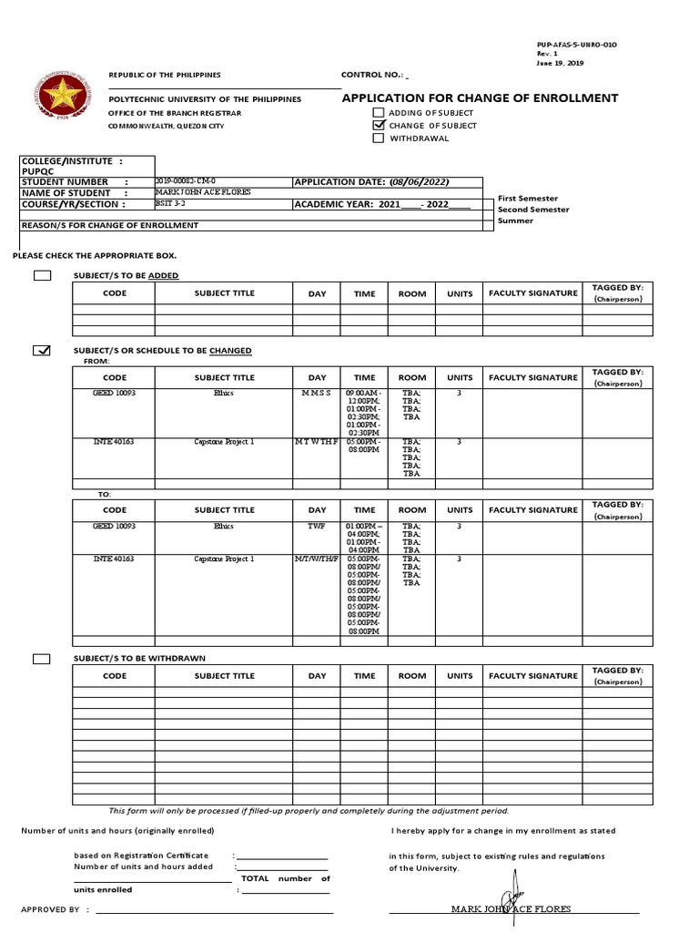 PUP ACE Form MS WORD FORMAT | PDF