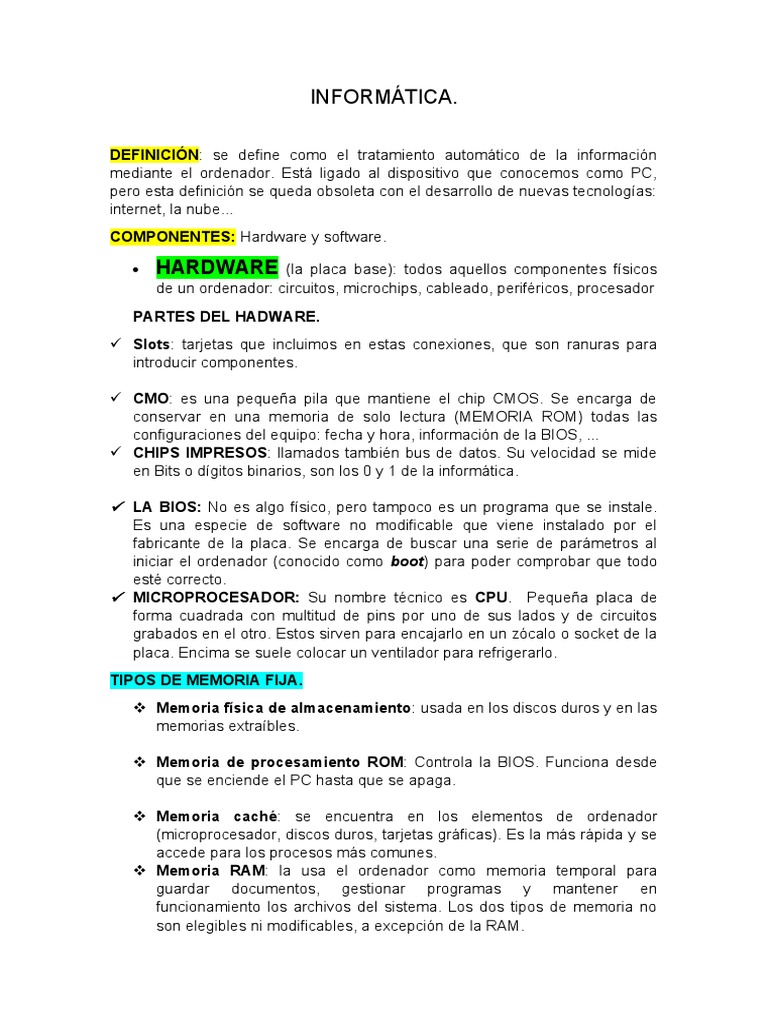 INFORMÁTICA Esquema. | PDF | Hardware de la computadora | Archivo de ...