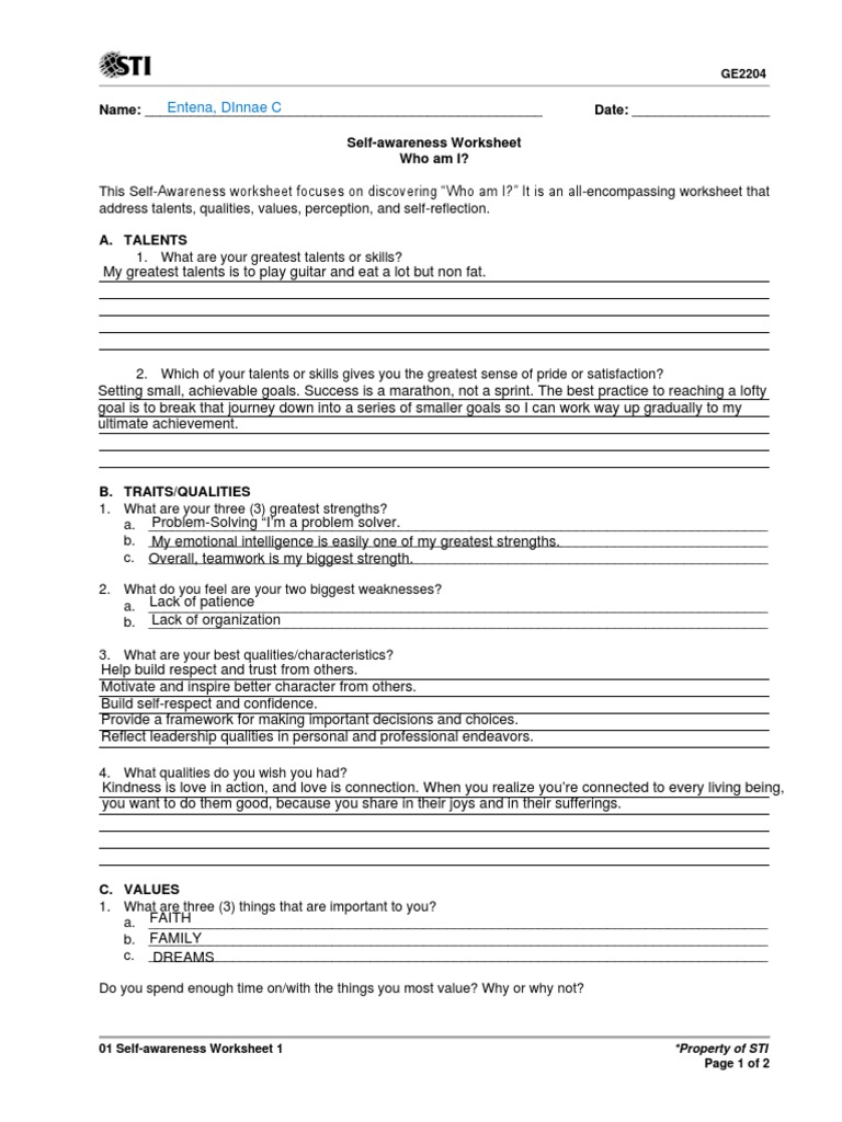 01 Self Awareness Worksheet 1 Pdf Self Awareness Leadership