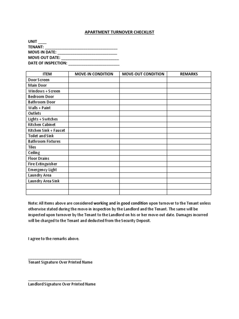 Apartment Turnover Checklist | PDF