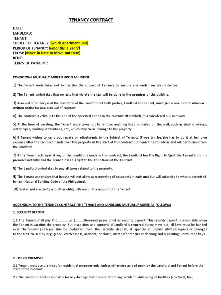 Sample Tenancy Contract | PDF | Leasehold Estate | Landlord