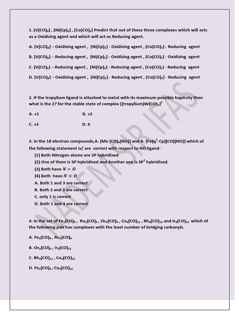 ORGANOMETALLIC TEST 2 50 New Questions OMC | PDF | Molecular Orbital ...