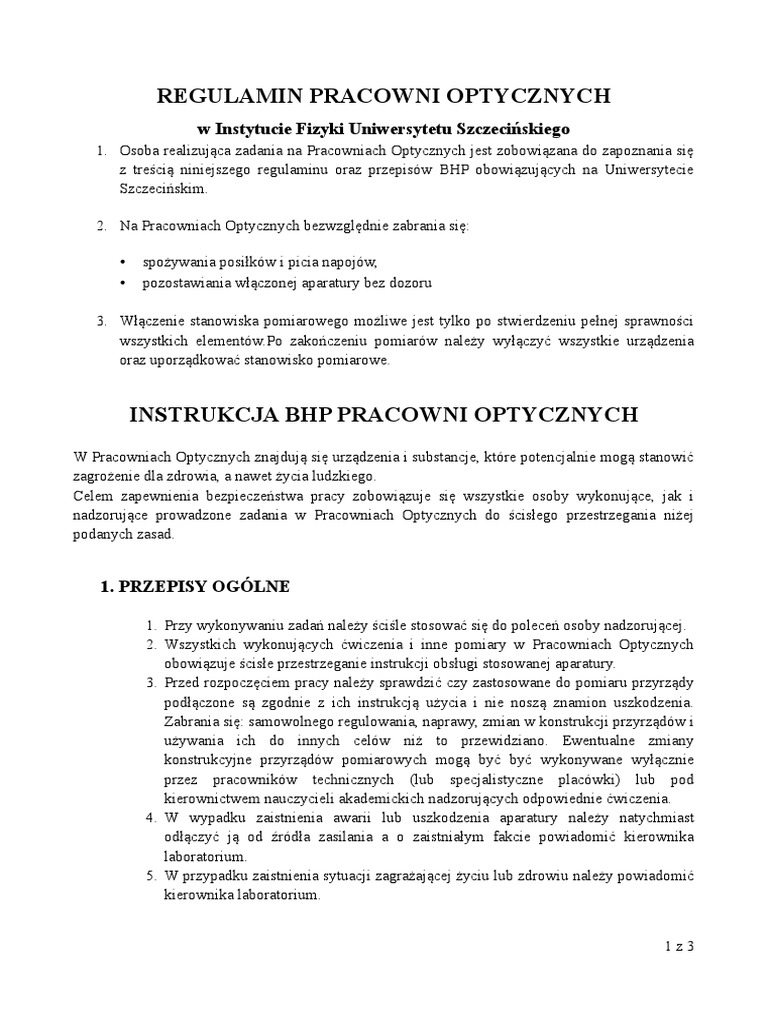 Regulamin Pracowni Optycznych | PDF