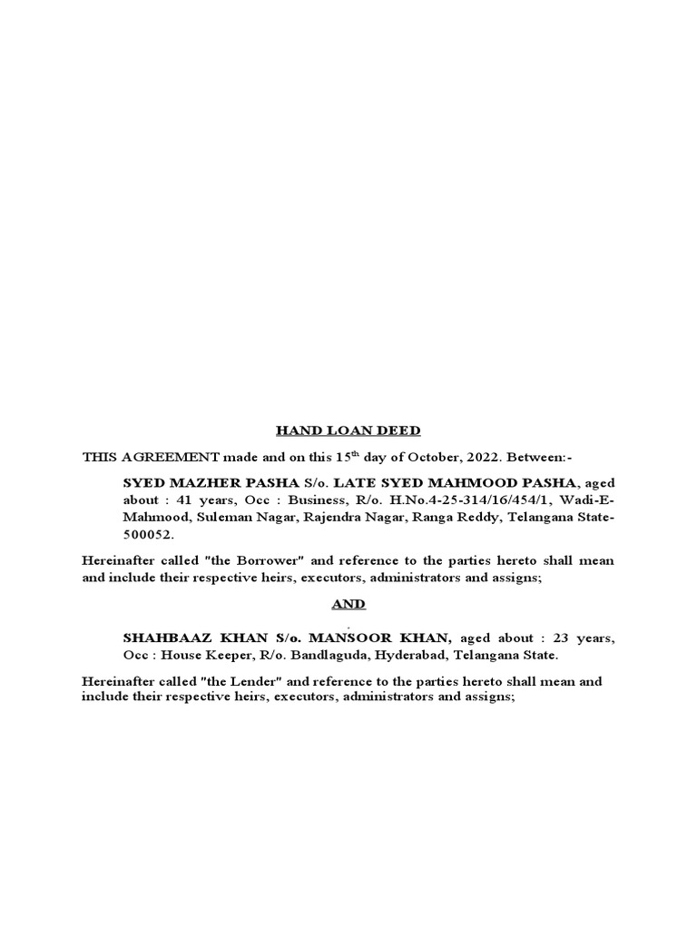 Hand Loan Deed | PDF | Loans | Banking