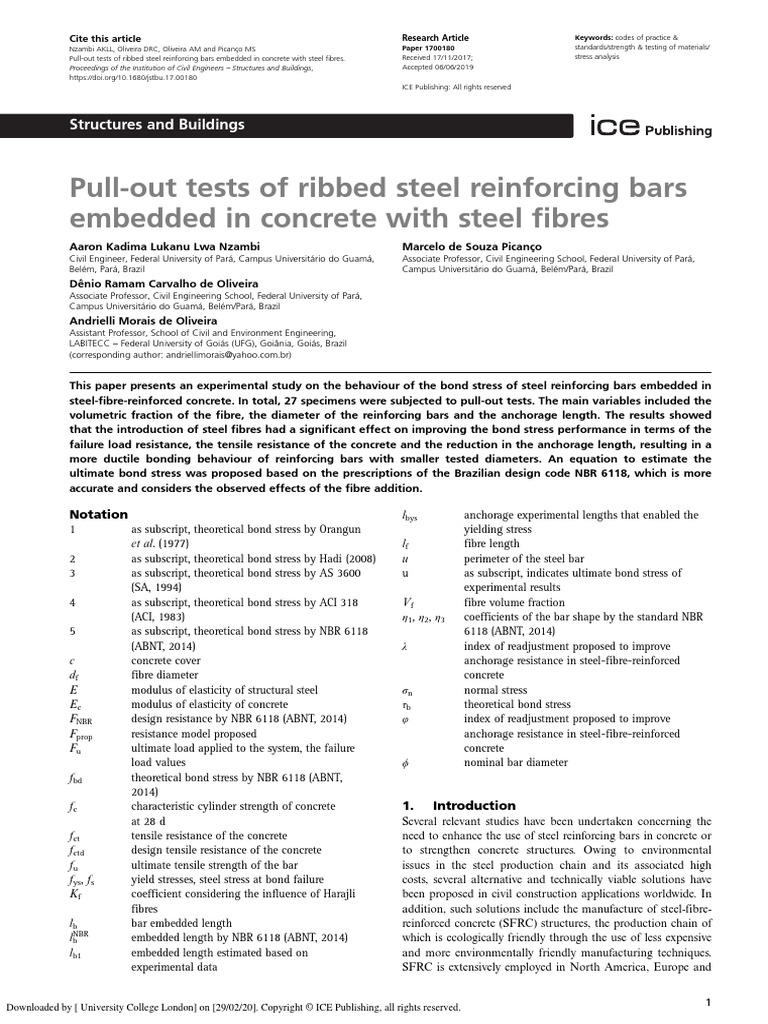 Pull-Out Tests of Ribbed Steel Reinforcing | PDF