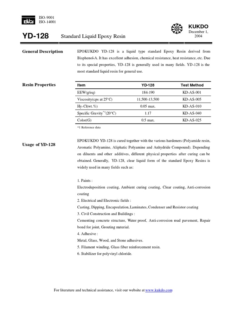 YD-128 Standard Epoxy Resin Overview | PDF | Epoxy | Acid