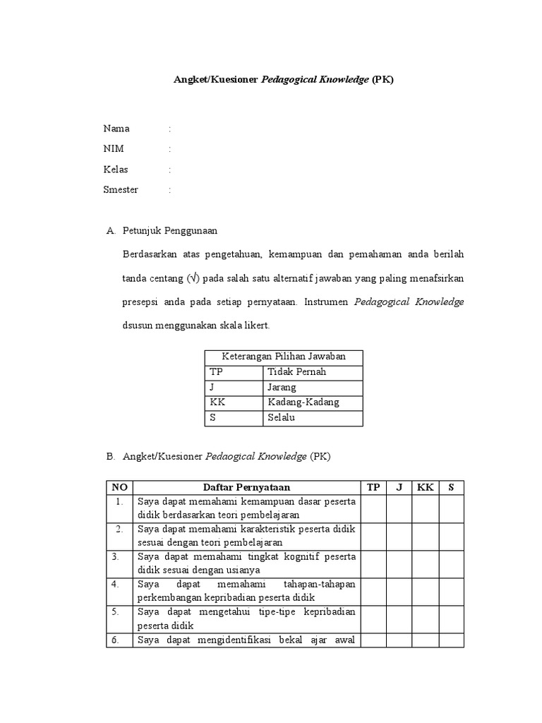 Angket Pedagogical Knowledge untuk Guru | PDF | Karier & Perkembangan