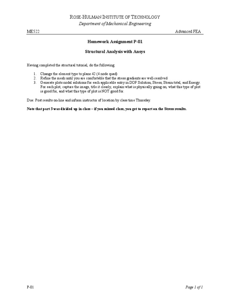 R H I T: Homework Assignment P-01 Structural Analysis With Ansys | PDF
