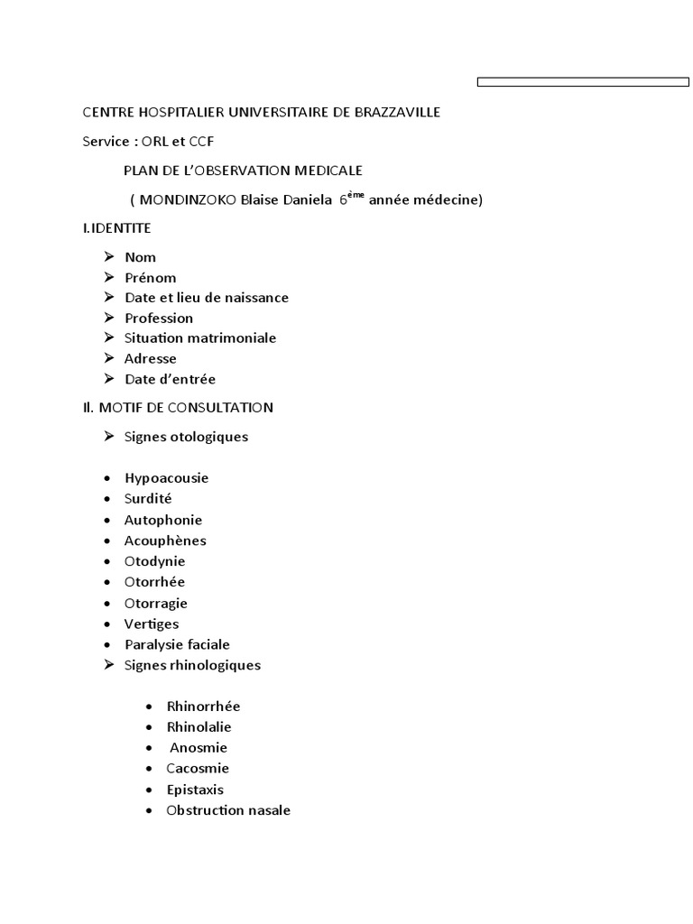 Observation en ORL | Descargar gratis PDF | Sciences de la santé | Spécialités médicales