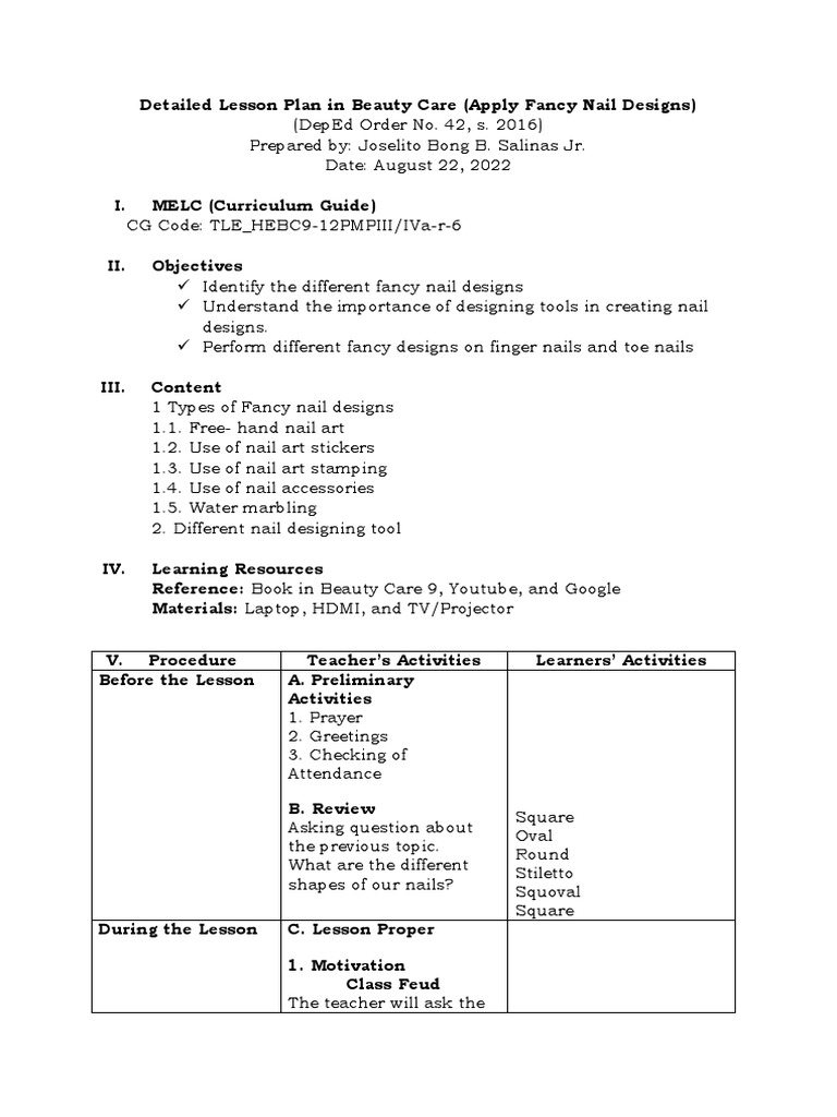 Detailed Lesson Plan Sample Angeles City | PDF | Nail (Anatomy) | Foot