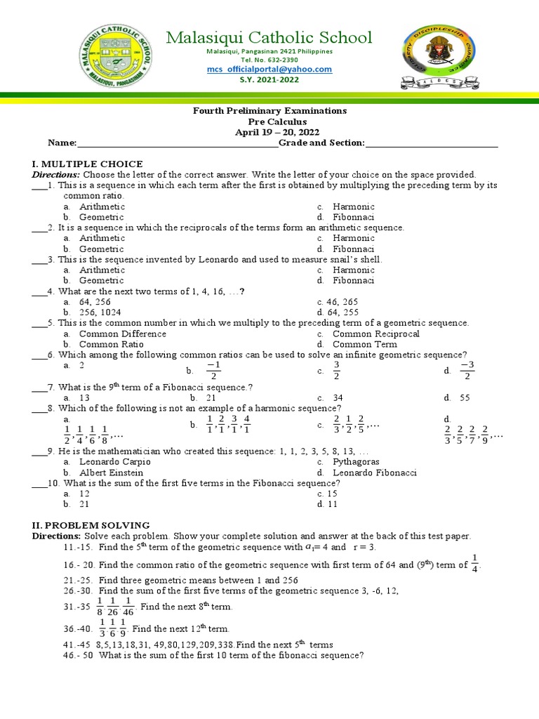 PRECALCULUS EXAM Fourth PRELIM | PDF | Sequence | Arithmetic