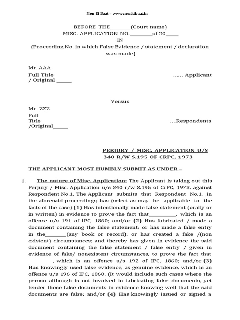 CRPC 340 Application Format Detailed | PDF | Discovery (Law) | Perjury