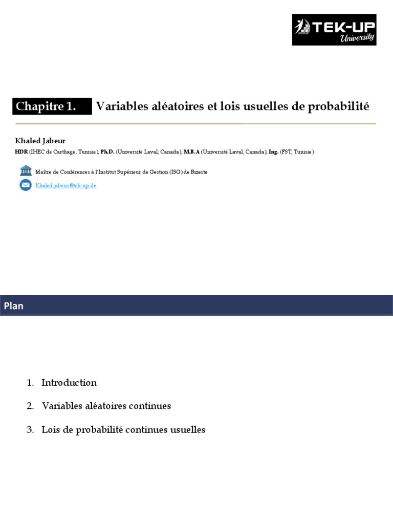 Chapitre 1. Variables Aléatoires Et Lois Usuelles de Probabilité 2021vf | PDF | Théorie des ...
