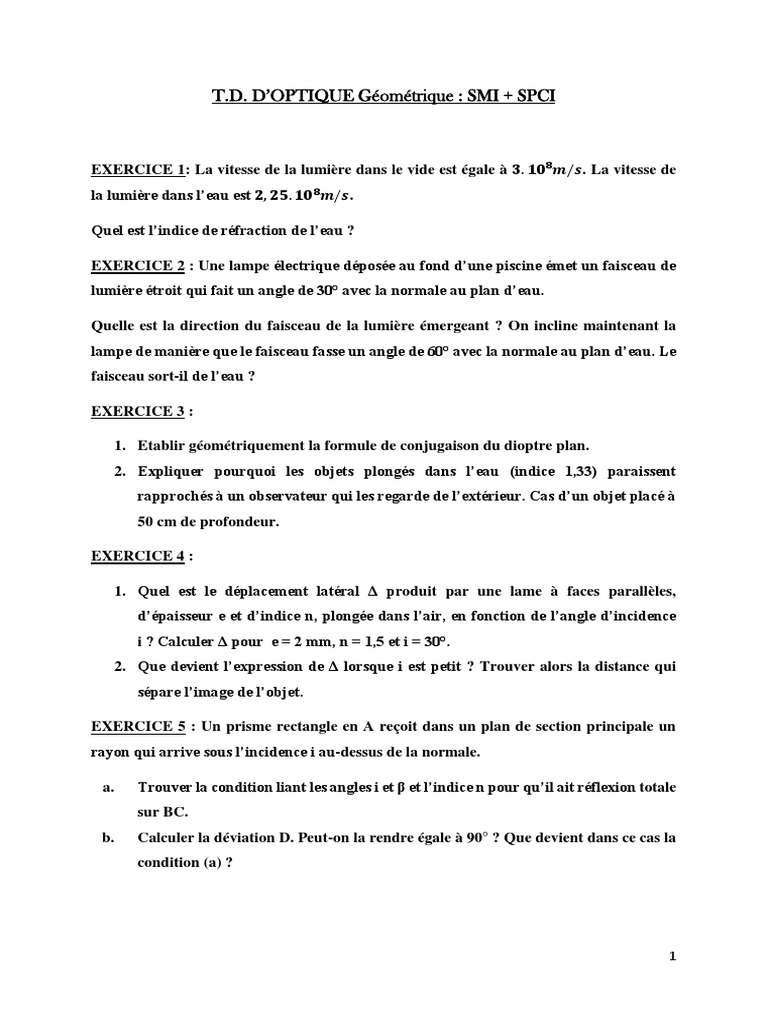 T.D. d'Optique Géométrique : Exos et Calculs | PDF | Indice de ...