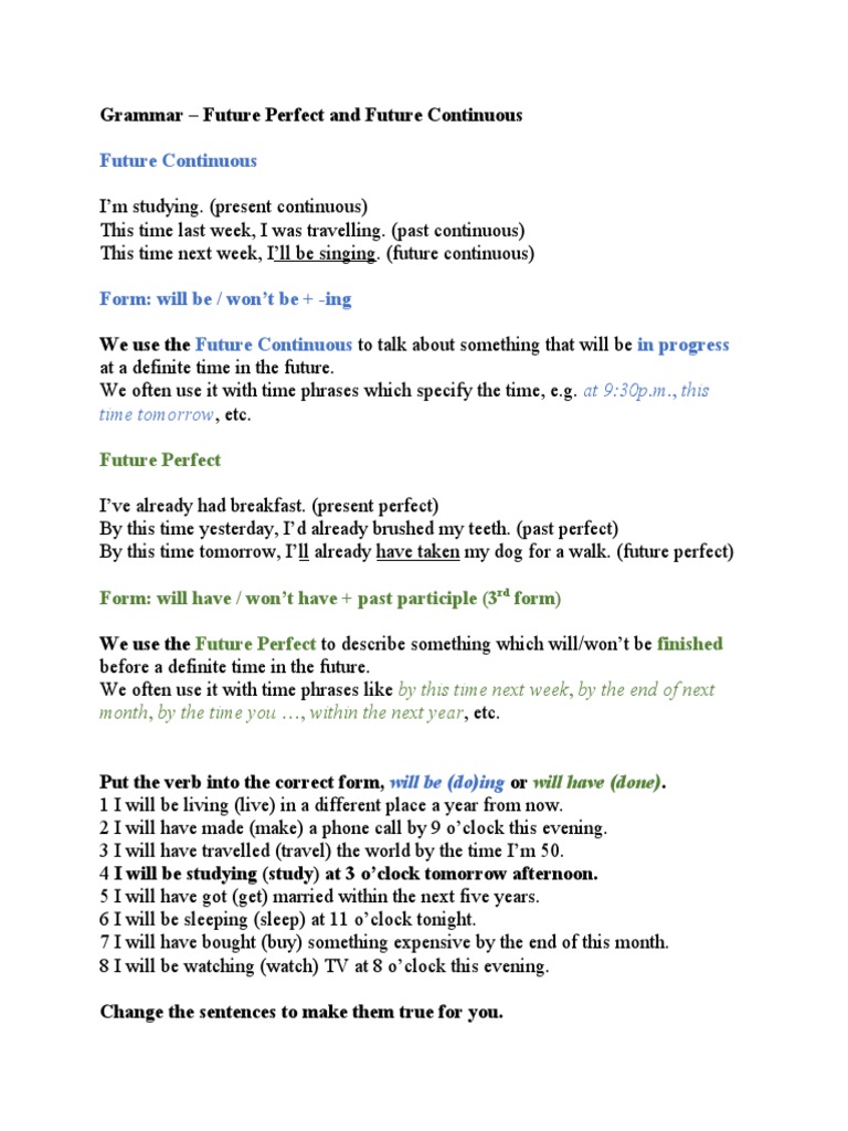 Future Perfect vs. Future Continuous Exercises | PDF | Language Arts ...
