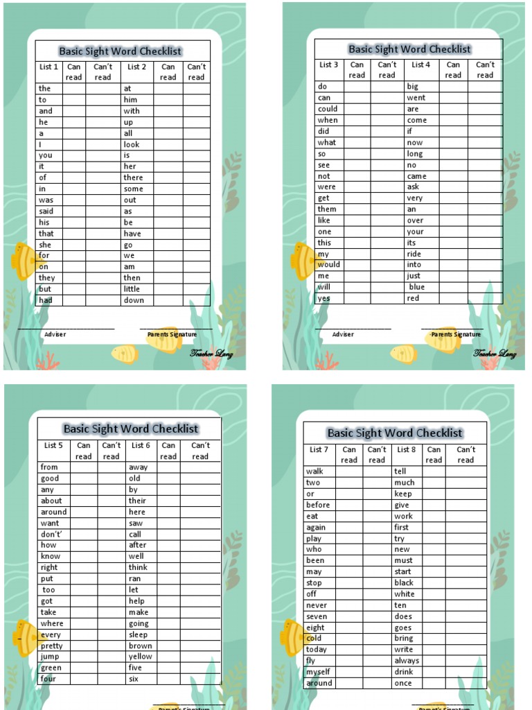Basic Sight Word Checklist | PDF