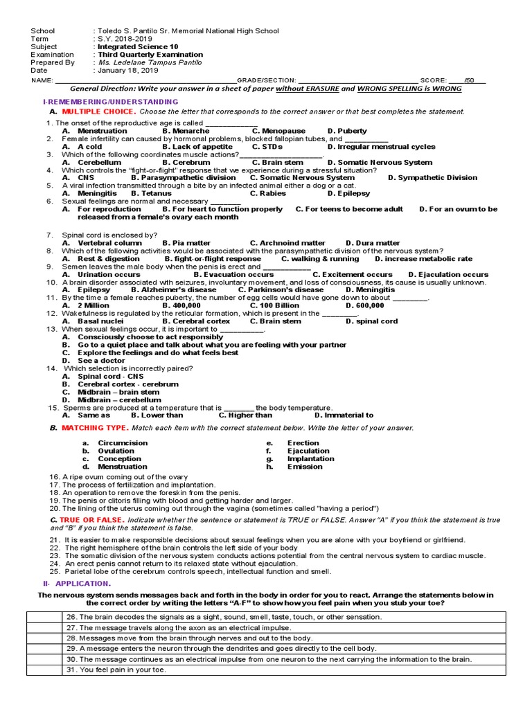 Q3 Science 10 Test Questionnaire | PDF | Nervous System | Brain