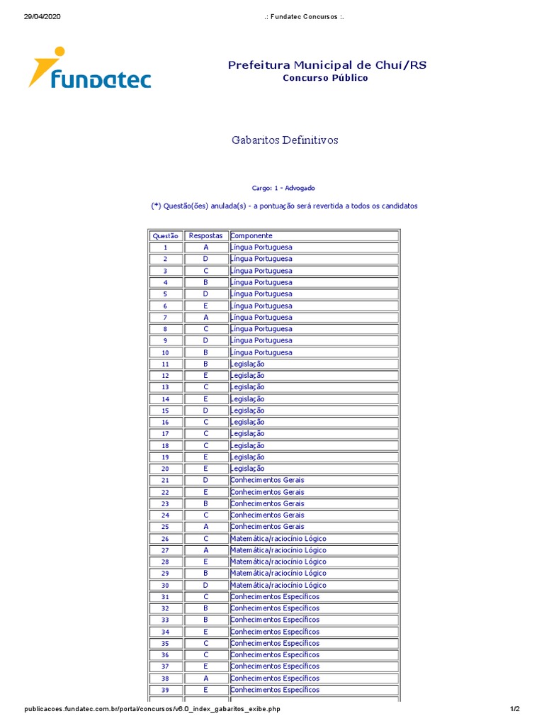 06 - Prefeitura de Chuí-RS - Gabarito | PDF | Portugal