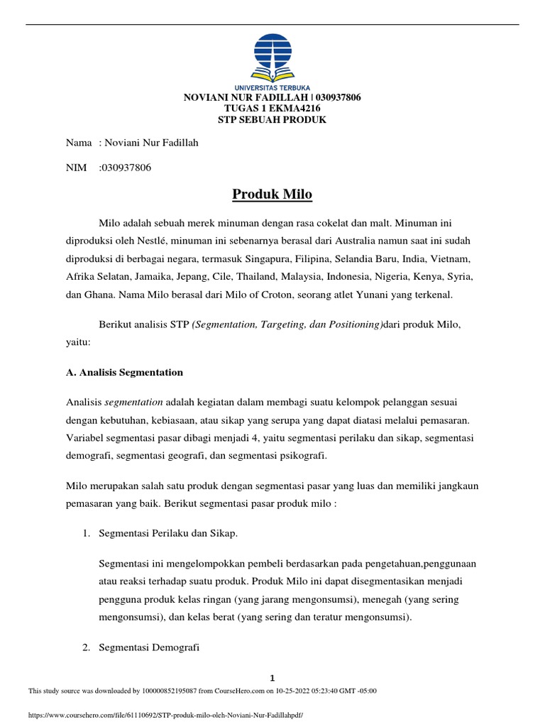 STP Produk Milo Oleh Noviani Nur Fadillah PDF | PDF | Bisnis