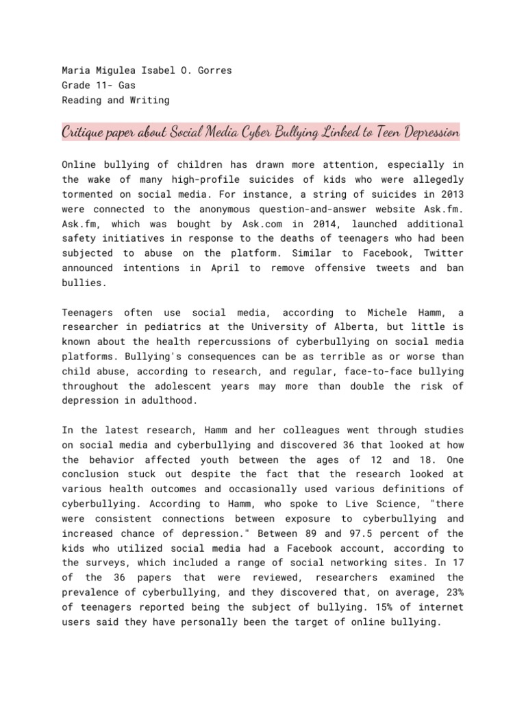 Critique Paper (Reading and Writing) | PDF | Cyberbullying | Social Media