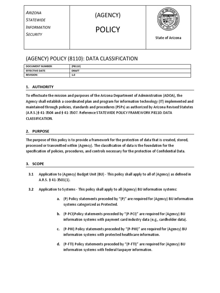 (AGENCY) POLICY TEMPLATE (P8110) Data Classification | PDF | Internal ...