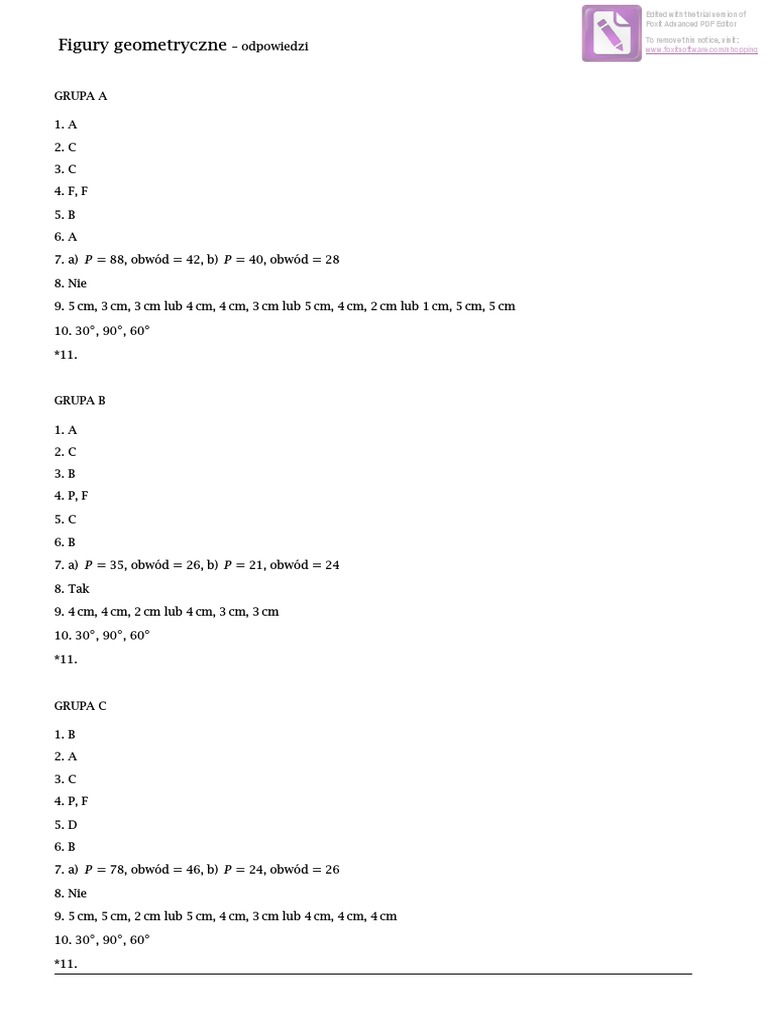 Odp Figury Klasa 7 Geometryczne Klasowka Glowna | PDF