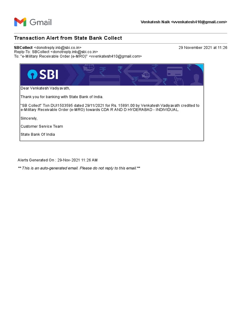 Gmail - Transaction Alert From State Bank Collect | PDF