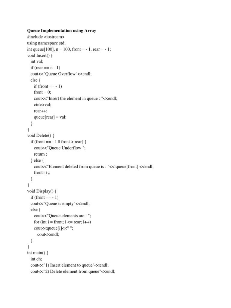 Queue Implementation Using Array And Linked List Pdf Queue