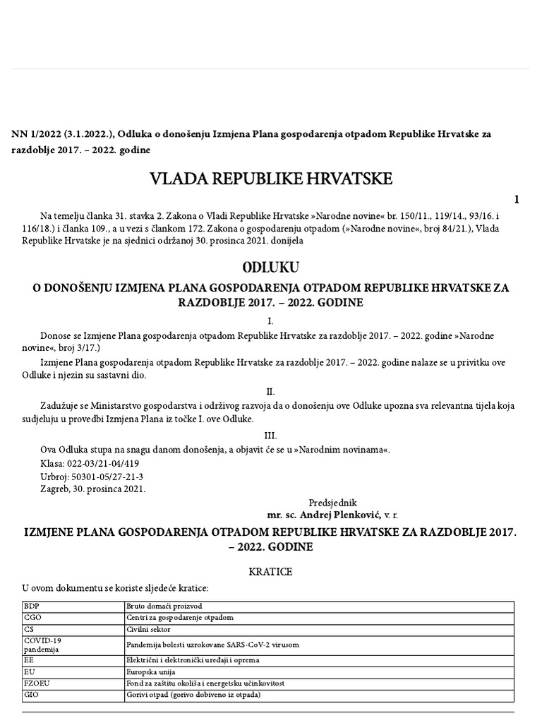 Odluka o Donošenju Izmjena Plana Gospodarenja Otpadom Republike Hrvatske Za Razdoblje 2017 ...