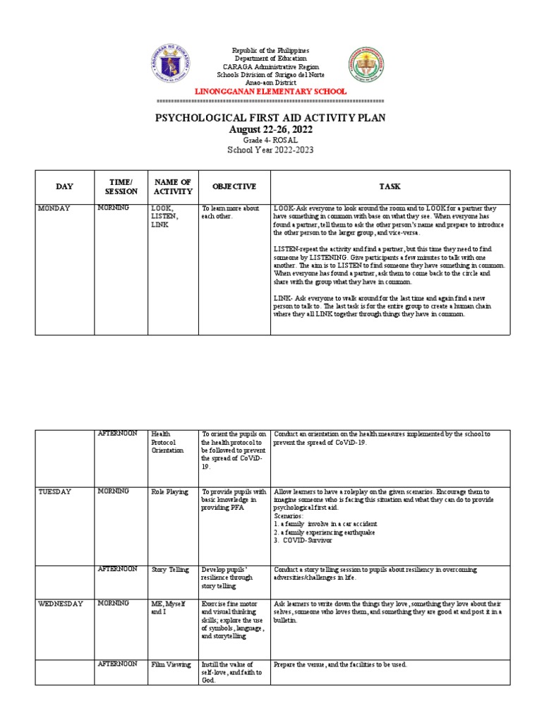Psychological First Aid Activity Plan | PDF | Storytelling | Psychology