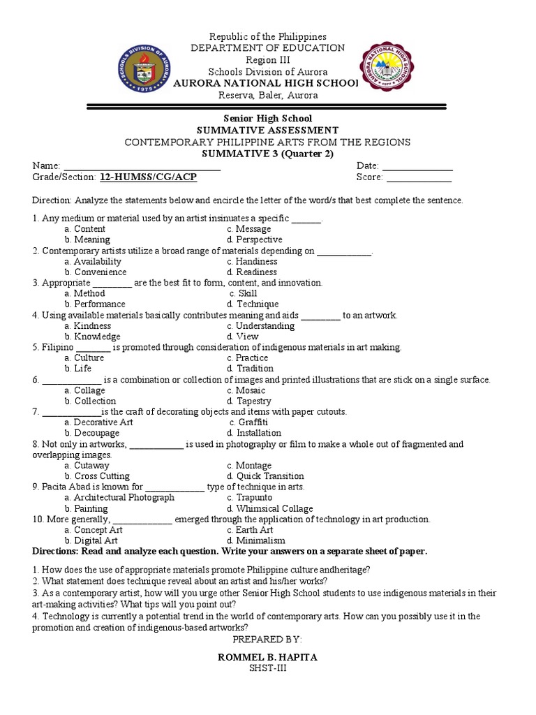 Cpar Summative 1 q2 3 | PDF | Collage | The Arts