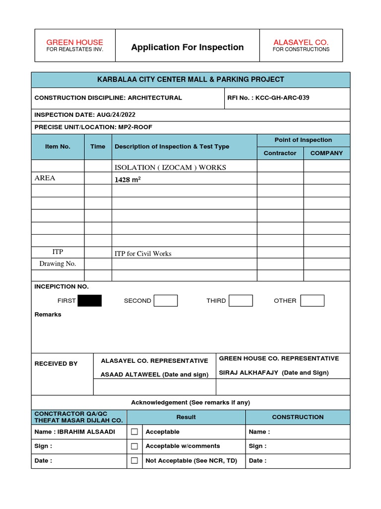 Inspection Report For Floor Architectural Woorks Handover | PDF ...