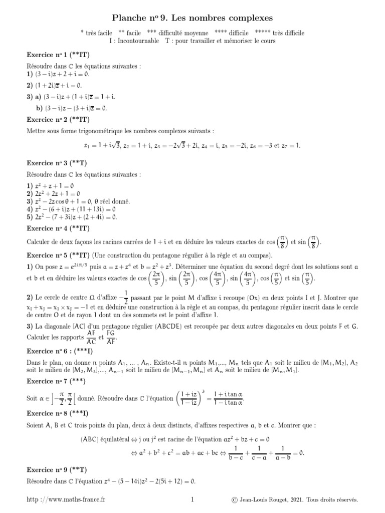 09 Complexes Planche | PDF | Nombre complexe | Algèbre générale