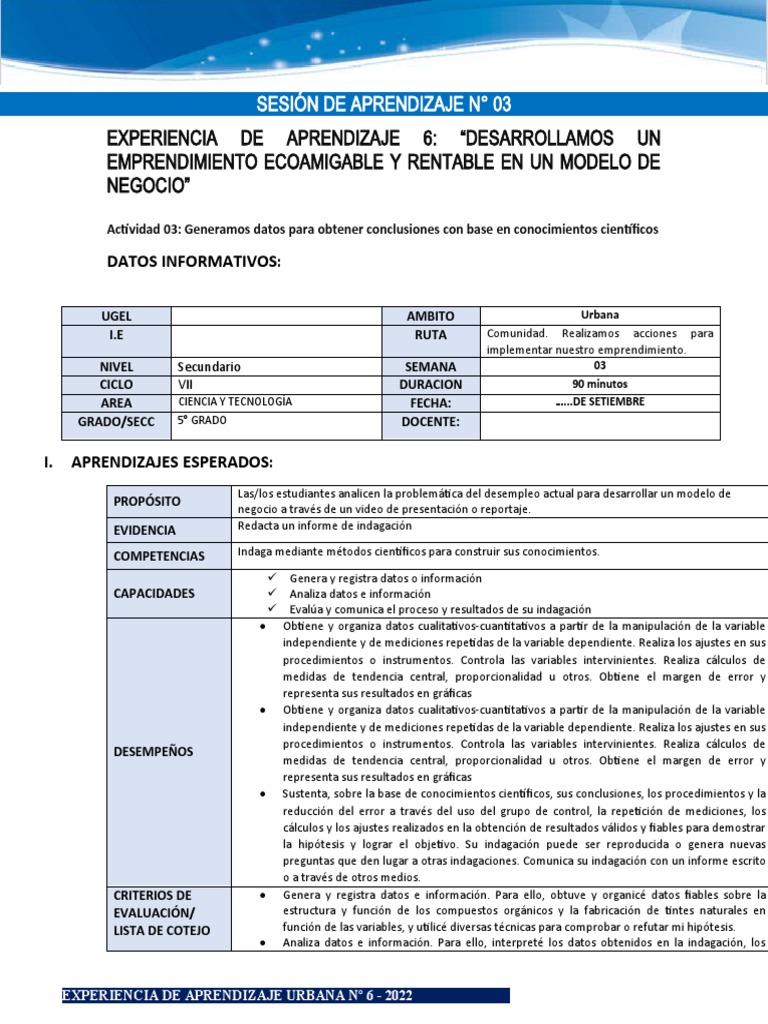 5°sesion 3 Cyt Urbano Eda 6 | PDF | Aprendizaje | Evaluación