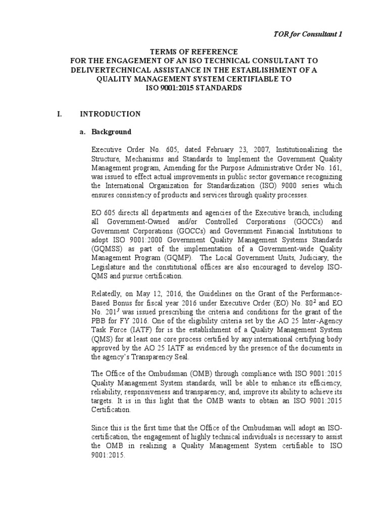 TOR For Consultant QMS1 - Lot 1 - Revised | PDF | Iso 9000 | Quality Management